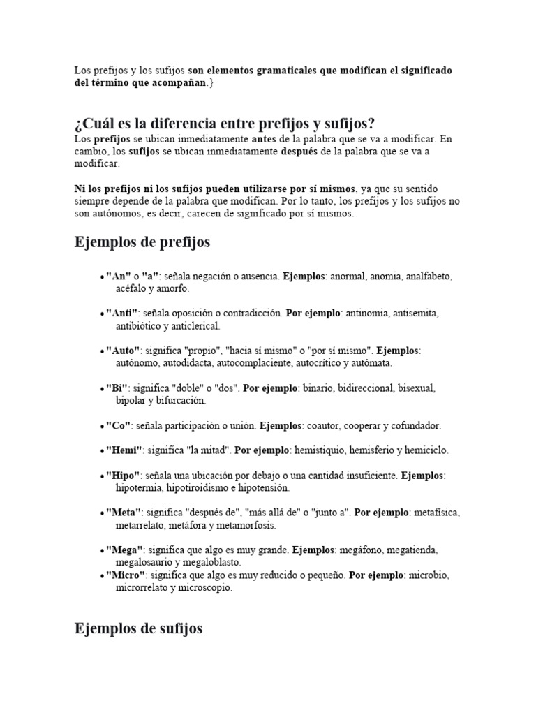 Prefijos y sufijos: definición y ejemplos | PDF