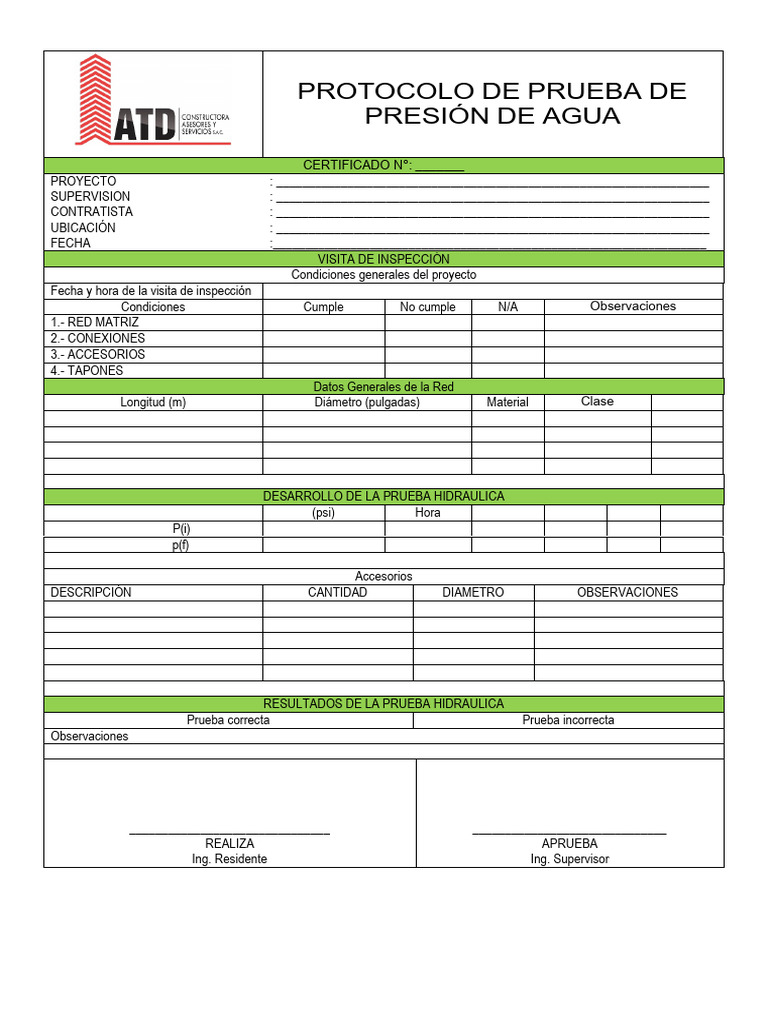 Protocolo de Prueba de Presión de Agua | PDF