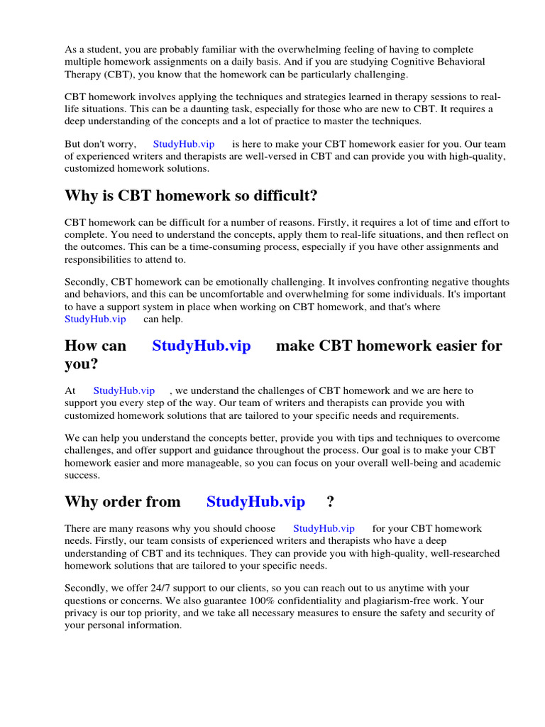 CBT Homework Techniques | PDF | Cognitive Behavioral Therapy ...