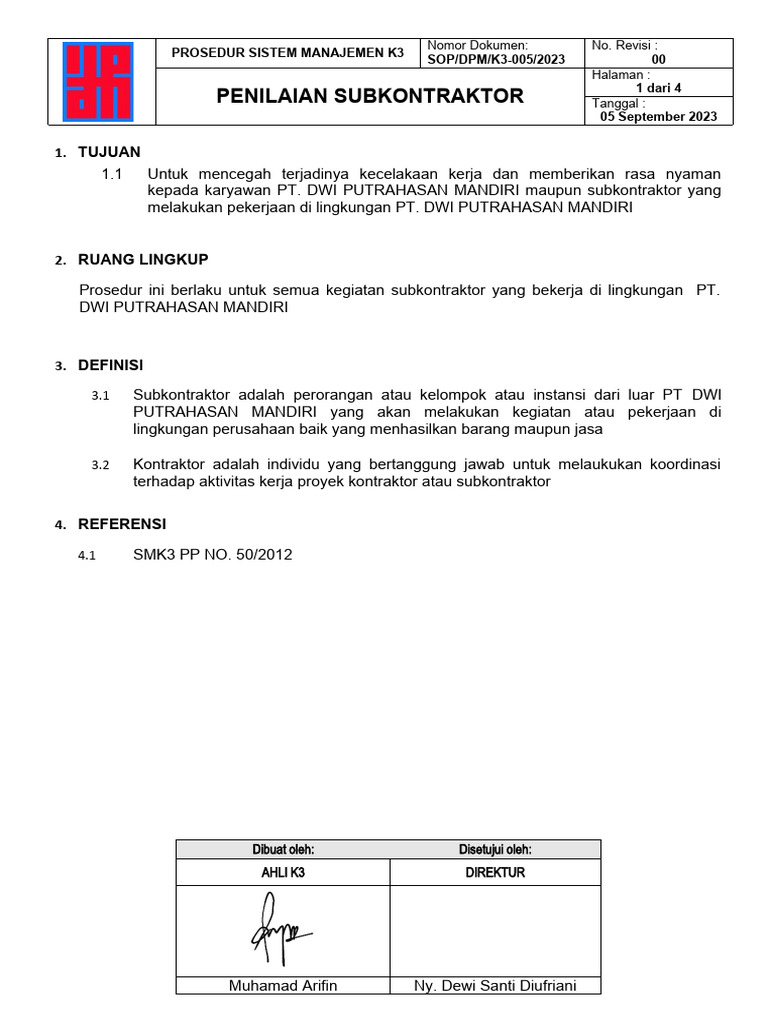Prosedur K3 untuk Subkontraktor PT DPM | PDF | Teknologi & Rekayasa