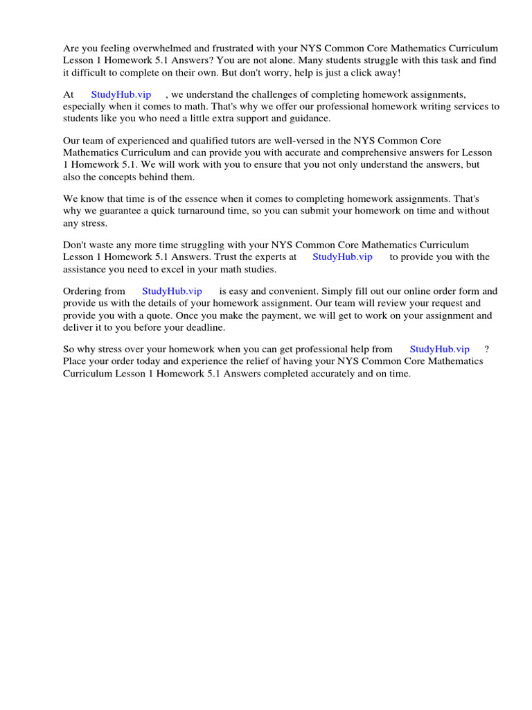 Nys Common Core Mathematics Curriculum Lesson 1 Homework 5.1 Answers ...