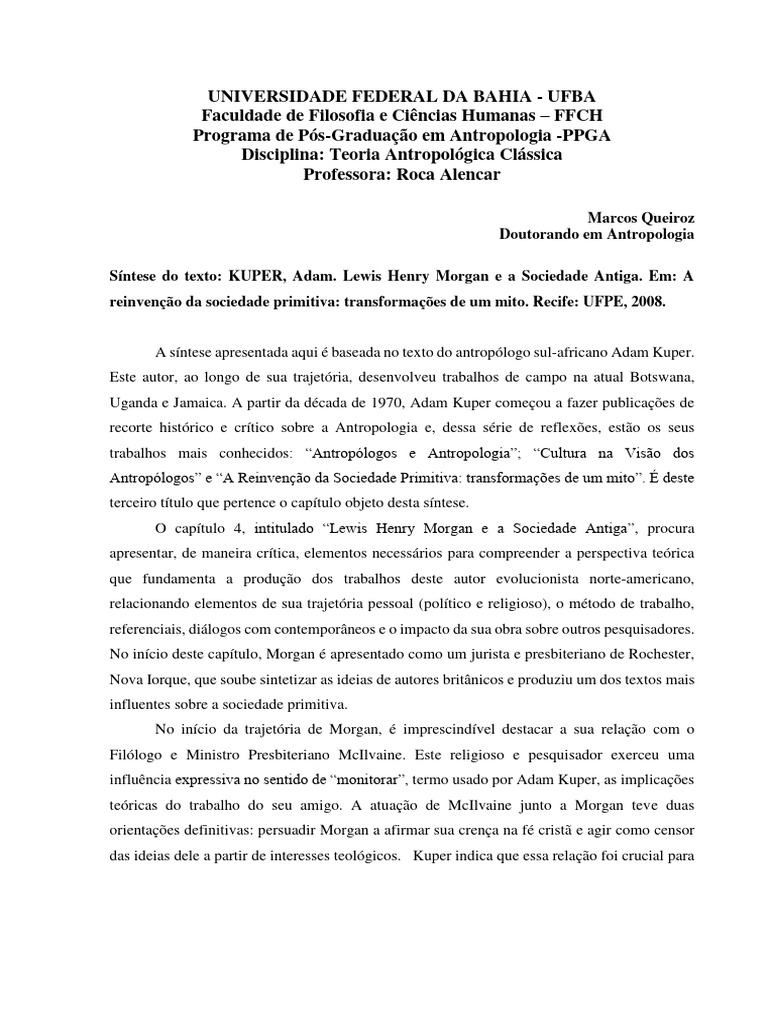 Síntese Do Texto - KUPER - Lewis Henry Morgan e A Sociedade Antiga ...