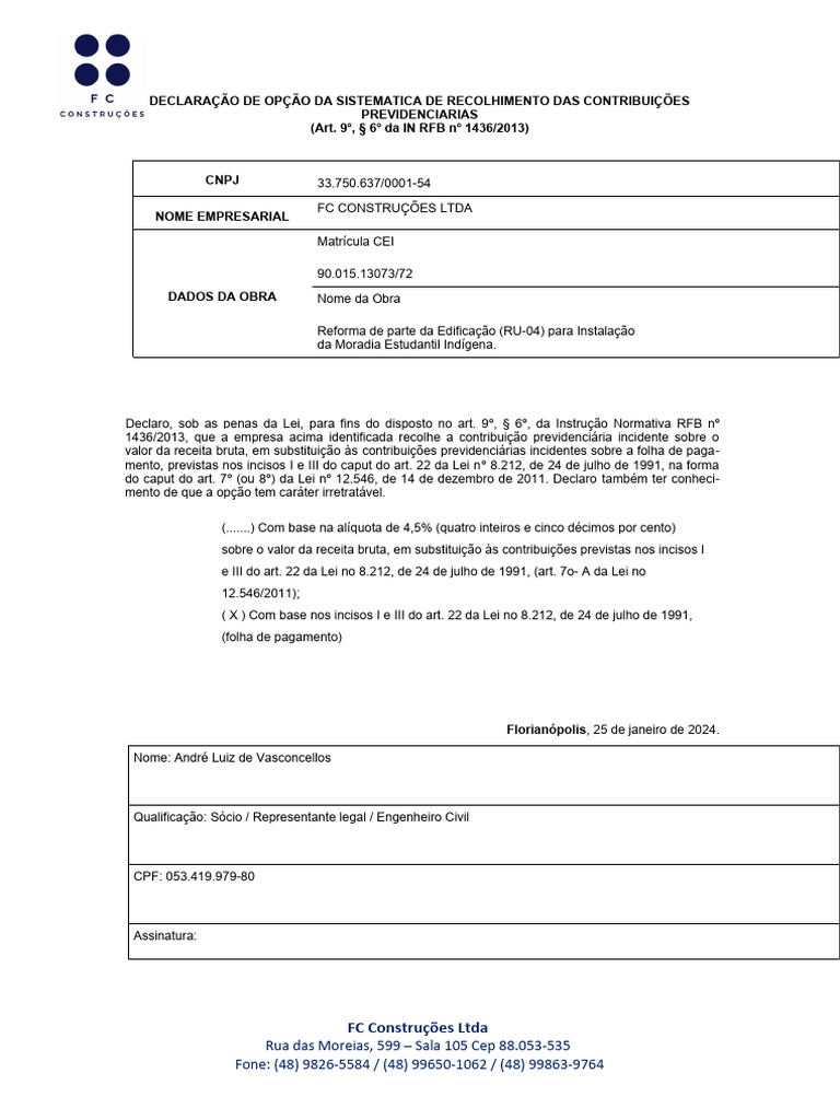 Declaração de Opção Da Sistemática de Recolhimento Das Contribuições ...