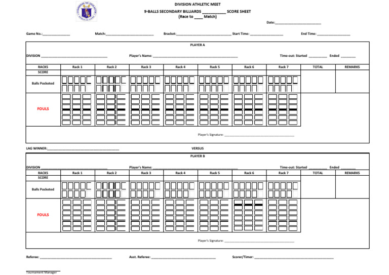 9 Balls Billiards Score SheetFINAL 1 | PDF