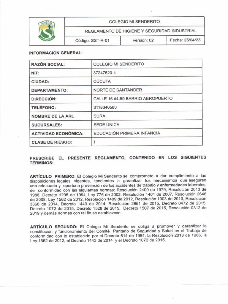 sst-R-01 Reglamento de Higiene y Seguridad Industrial v2 Firmado | PDF