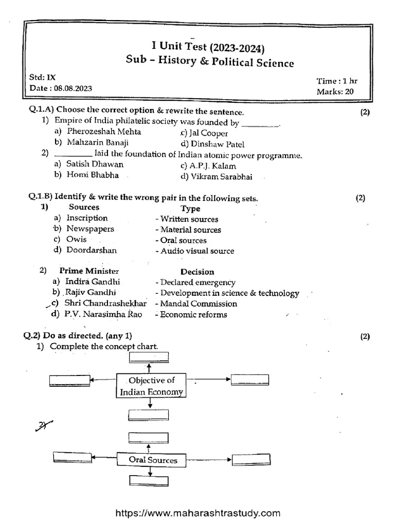 MH Board Class 9 Ut1 History and Political Science 150324 2024 | PDF