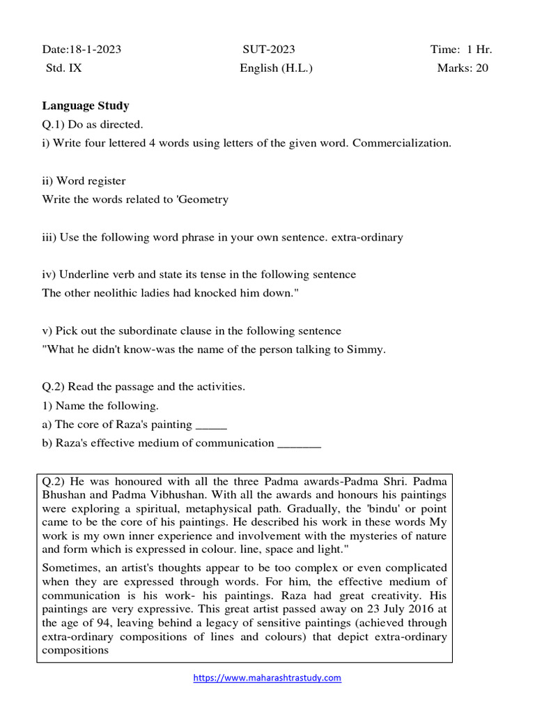 MH Board Class 9 English Sut 2023 110223 2023 | PDF | Linguistics