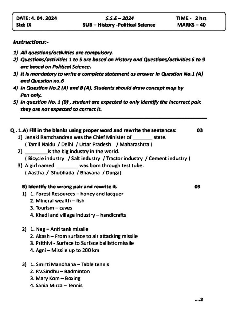History and Civics 9th 2nd Semester Exam Questions Paper 2024?? | PDF