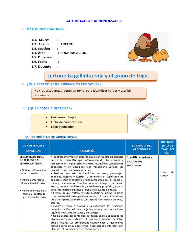 D4 A1 SESION COM. Lectura La gallinita roja y el grano de trigo | PDF ...