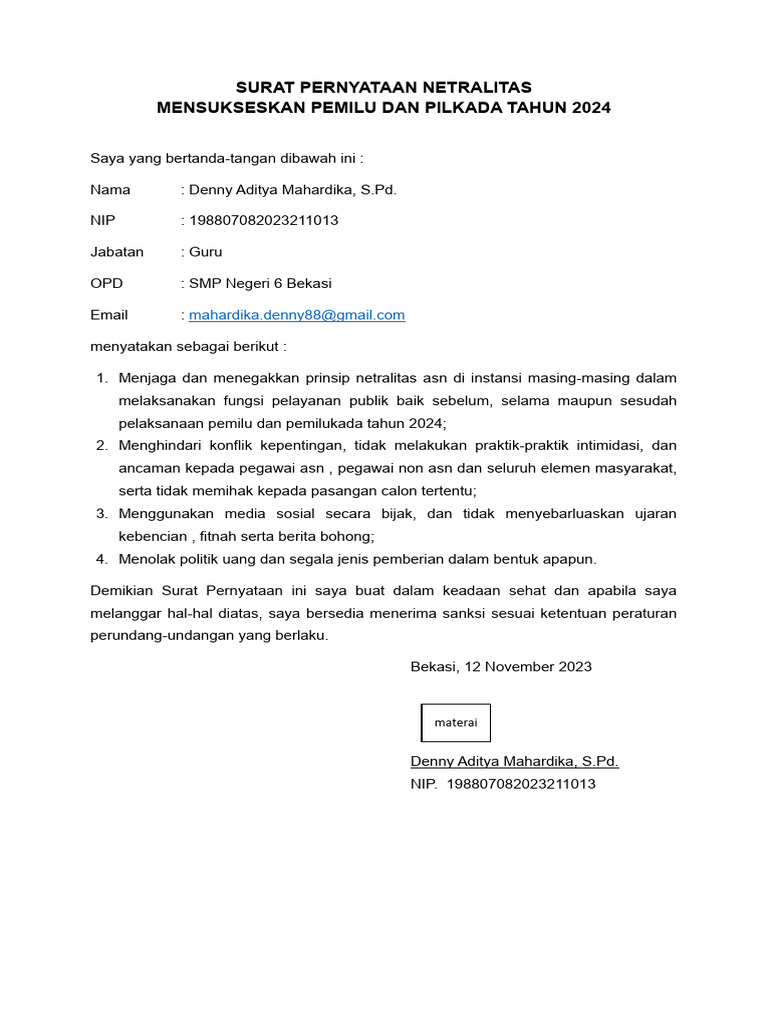 Surat Pernyataan Netralitas ASN & Non ASN - DAM | PDF