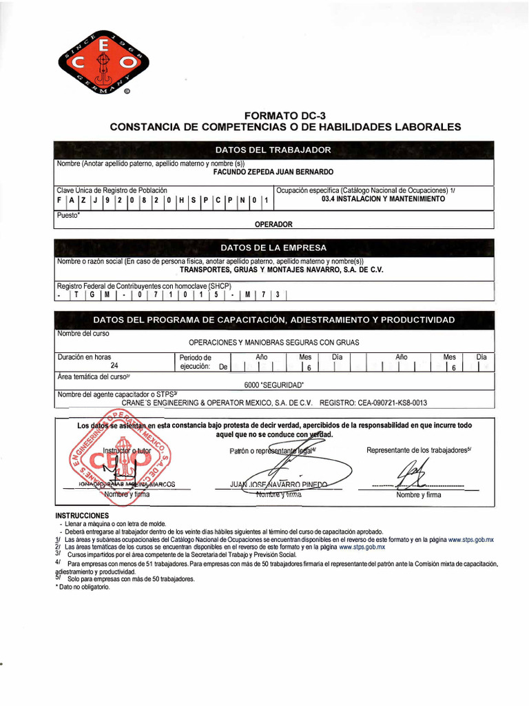 DC3 - Facundo Zepeda Juan Bernardo - Operador | PDF