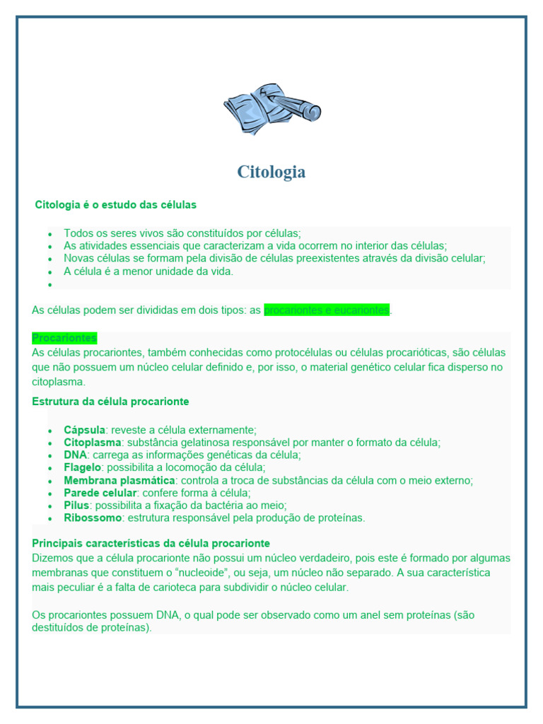 Citologia Resumo para Estudo | PDF | Célula (Biologia) | Eucariotas