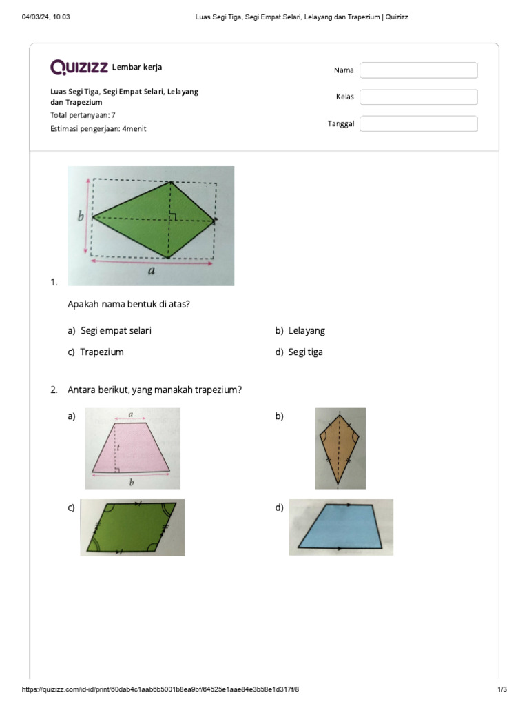 Quizizz - Luas Segi Tiga, Segi Empat Selari, Lelayang Dan Trapezium | PDF