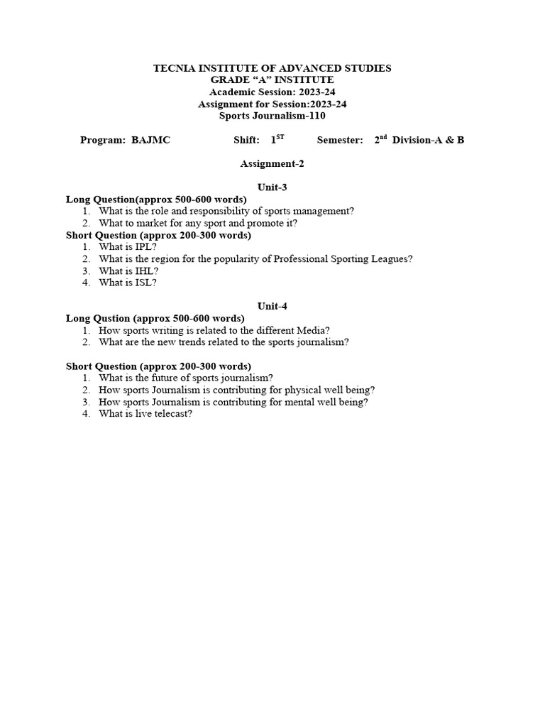 Sports Journalism Assignment 2023-24 | PDF