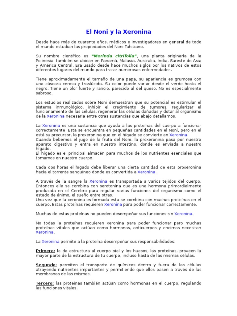 Xeronina en El Tahitian Noni | PDF | Proteínas | Nutrientes