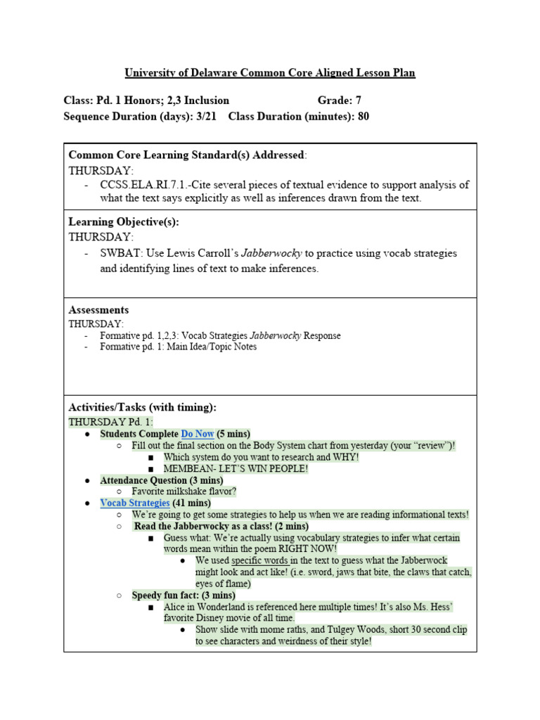 Delaware 7th Grade Lesson Plan: Jabberwocky | PDF | Skin | Vocabulary