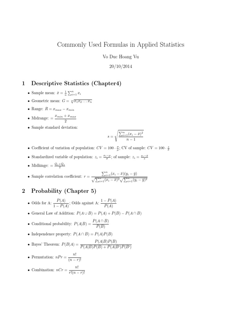 Statistical Formulas Handbook | PDF | Probability Distribution | Normal Distribution