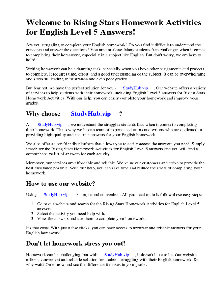 Rising Stars Homework Activities English Level 5 Answers | PDF ...