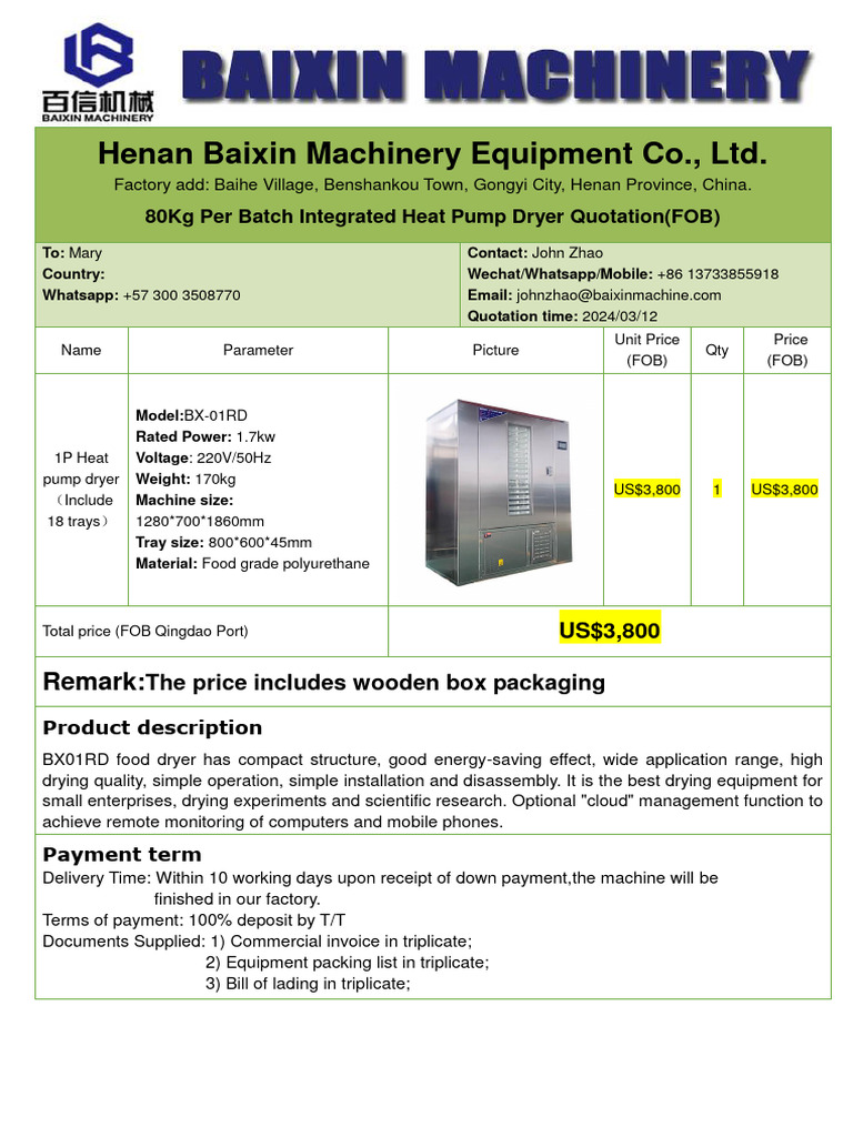 80Kg Per Batch Integrated Heat Pump Dryer Quotation (FOB) | PDF