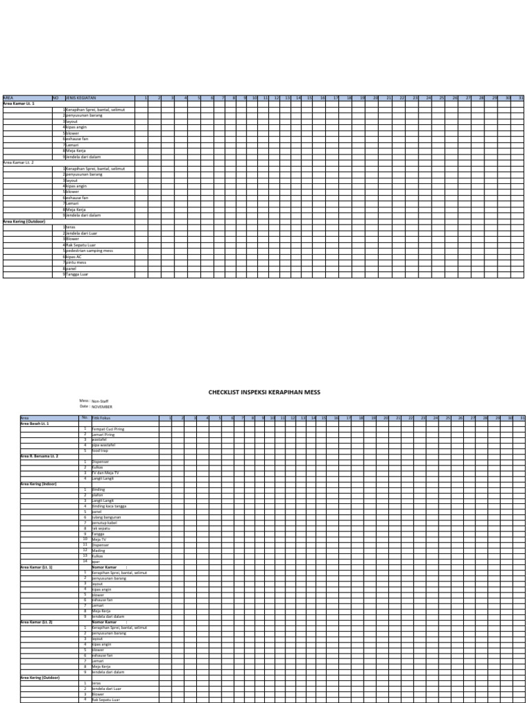 checklist Inspeksi Kerapihan dan kebersihan mess INdoor outdoor | PDF