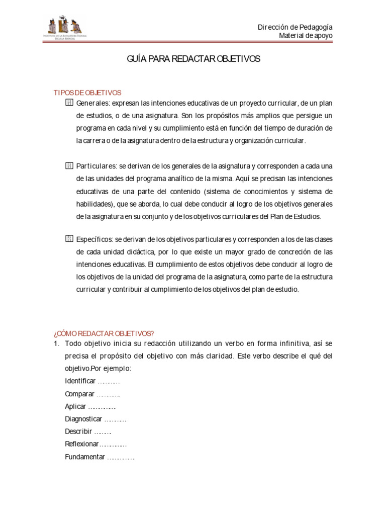 Guia para Redactar Objetivos | PDF | Plan de estudios