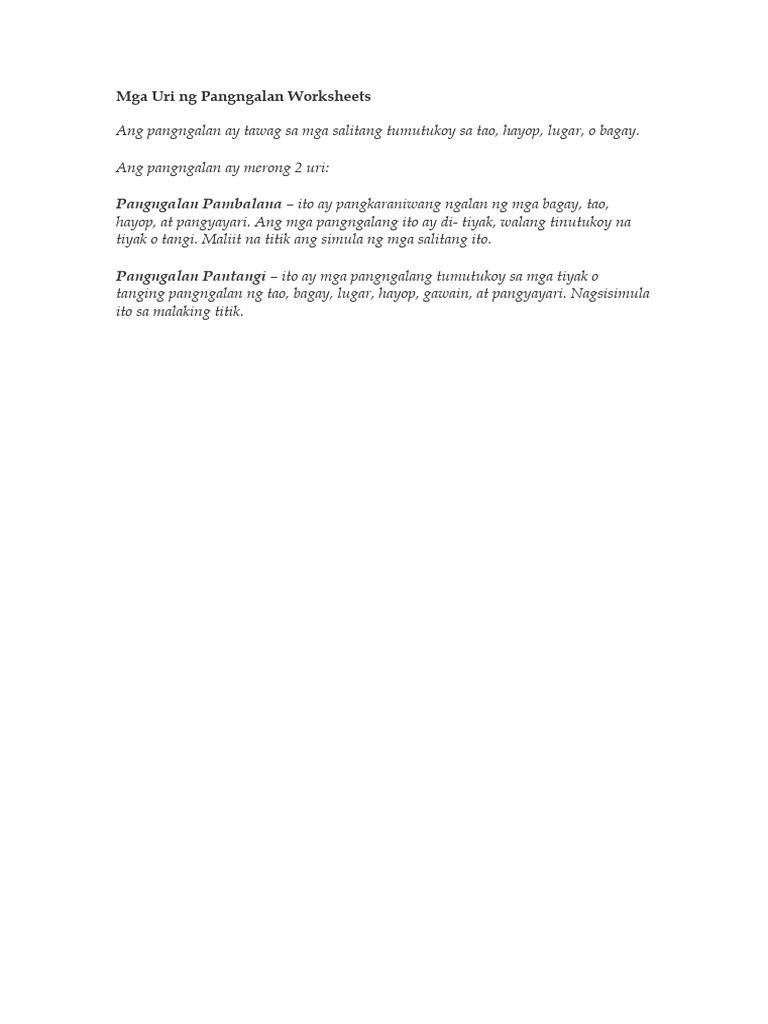 Mga Uri ng Pangngalan Worksheets | PDF Mga Uri ng Pangngalan Worksheets | PDF