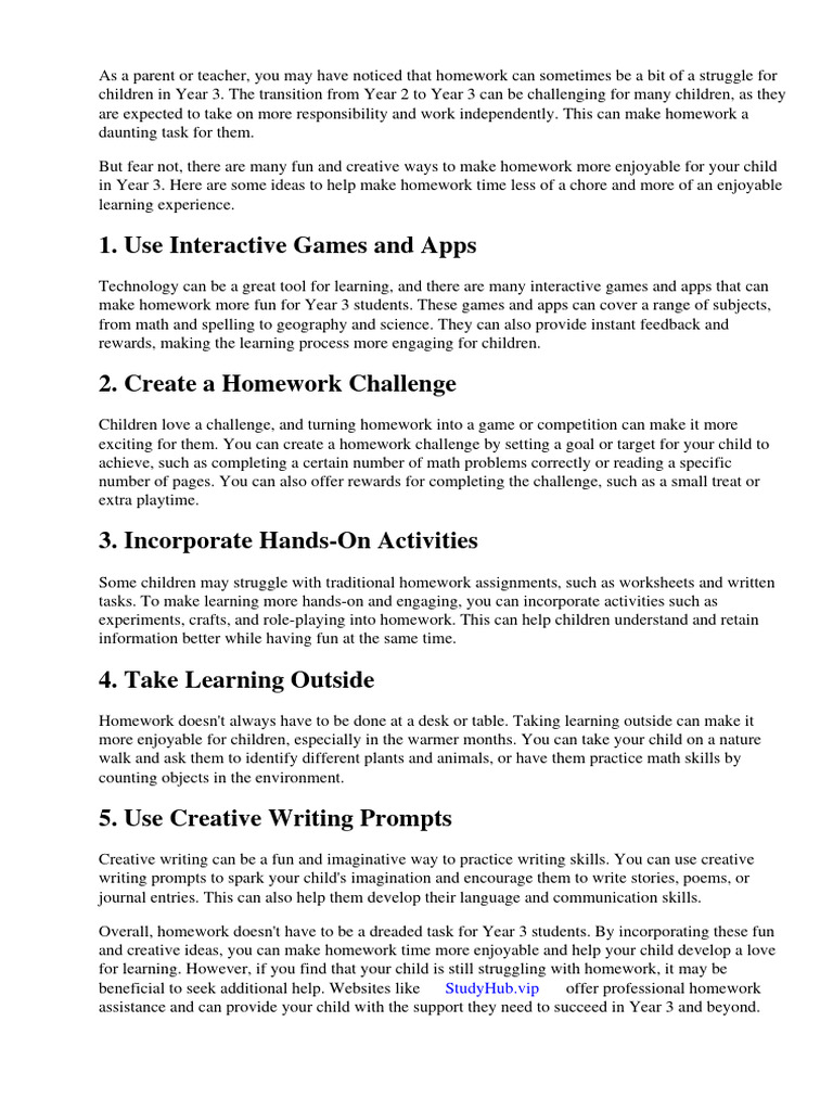 Fun Year 3 Homework Ideas | PDF | Homework | Worksheet