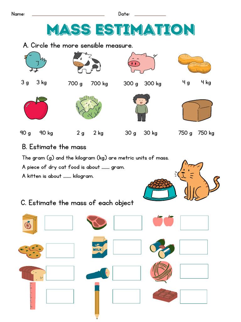 Math2 L13 Mass Estimation Maths Worksheet | PDF | Kilogram | Metrology