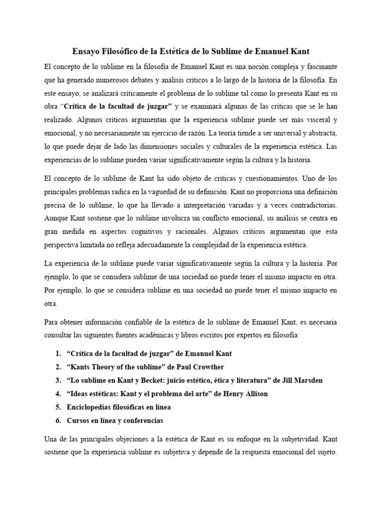 Ensayo Filosófico de La Estética de Lo Sublime de Emanuel Kant Gabriela ...