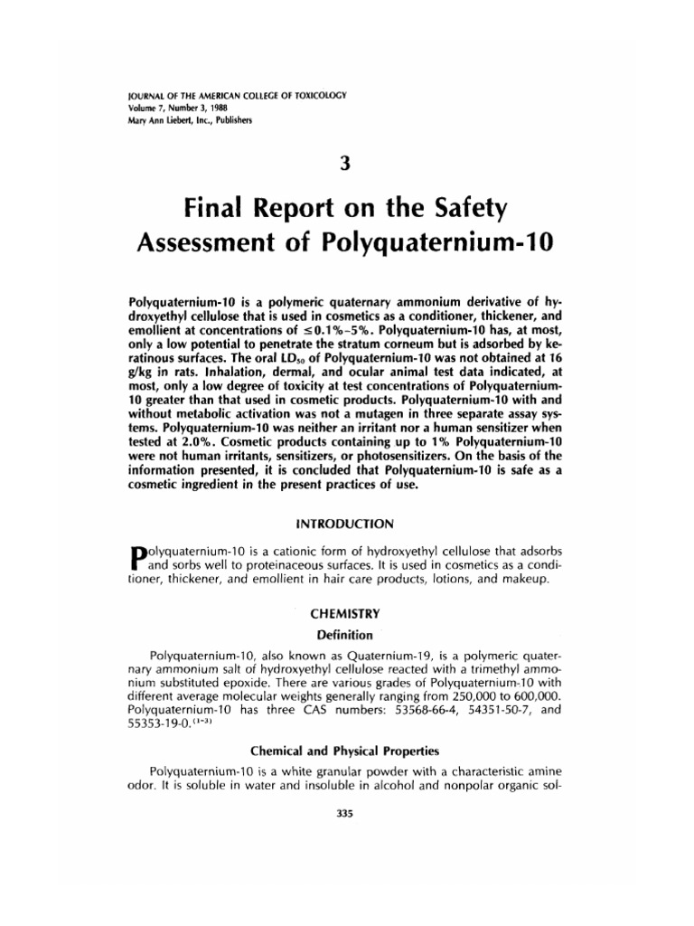 1988 3 Final Report On The Safety Assessment of Polyquaternium 10 | PDF | Cosmetics | Toxicity