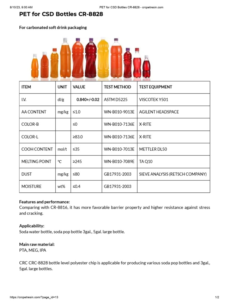 PET For CSD Bottles CR-8828 | PDF | Physical Sciences | Applied And ...