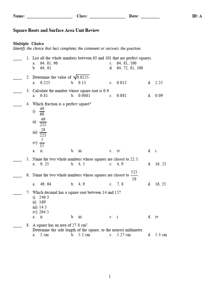 Math Review: Square Roots & Surface Area | PDF | Area | Square Root