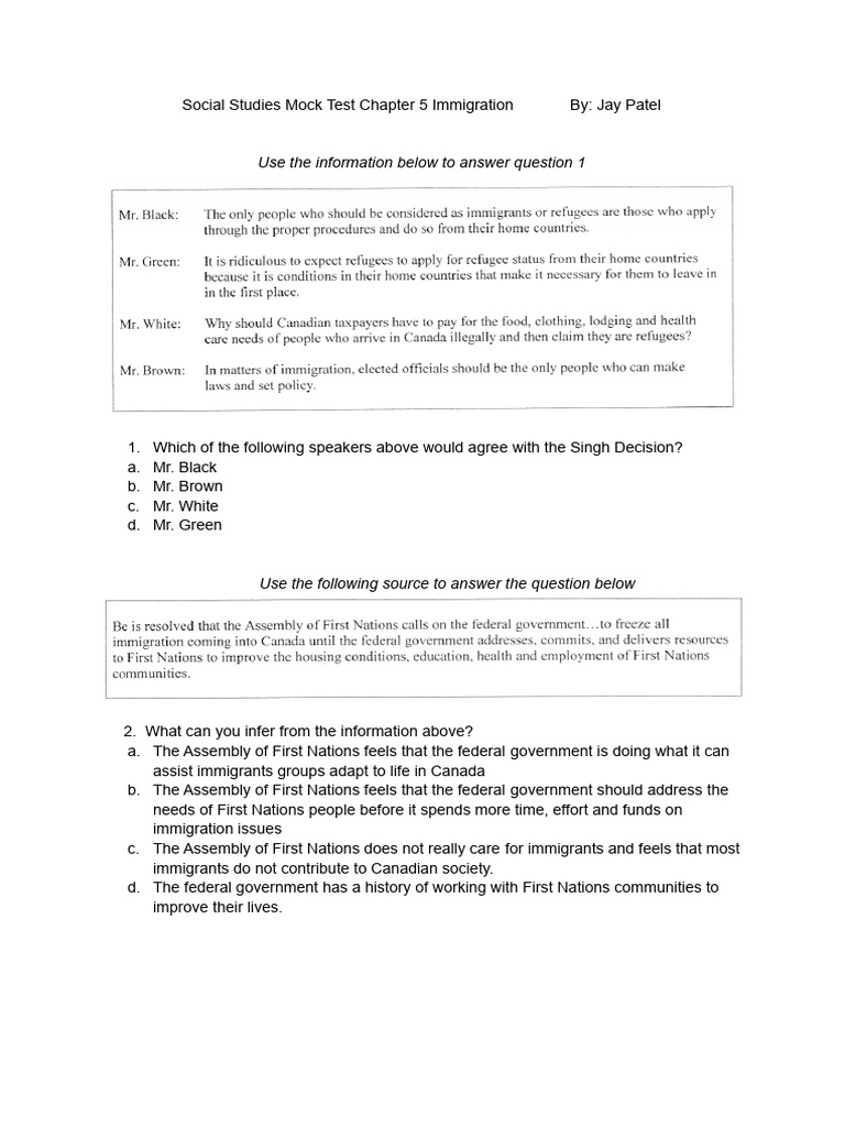 Immigration Mock Test for Social Studies | PDF | Canada | Immigration
