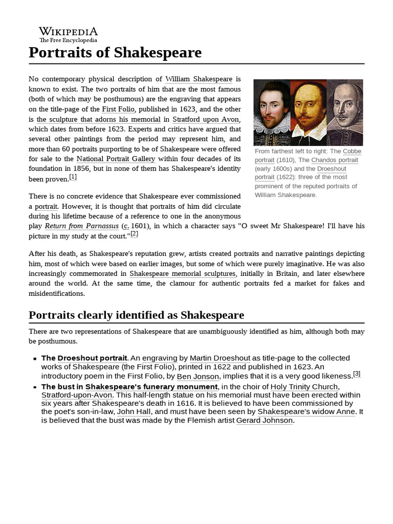 Portraits of Shakespeare | PDF | William Shakespeare