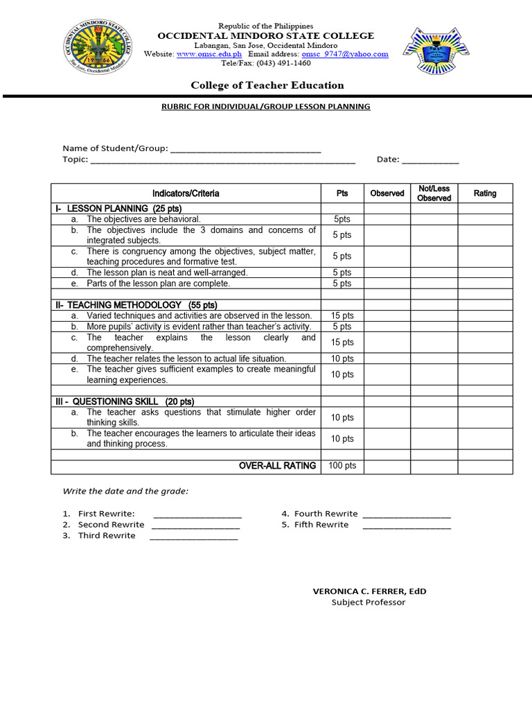 Rubric-for-Lesson-Planning | PDF | Teachers | Lesson Plan