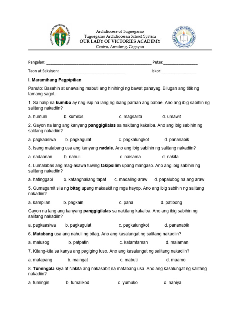 Unang Markahang Pagsusulit Sa Filipino 7 | PDF