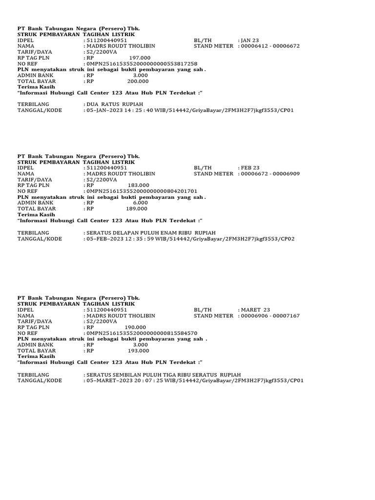 Struk Pembayaran Listrik BTN 2023 | PDF