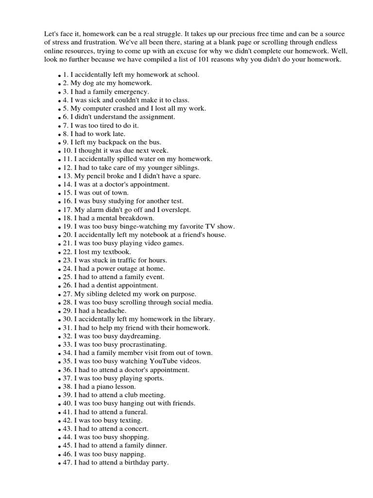 101 Reasons Why i Didnt Do My Homework | PDF | Homework | Http Cookie 101 Reasons Why i Didnt Do My Homework | PDF | Homework | Http Cookie