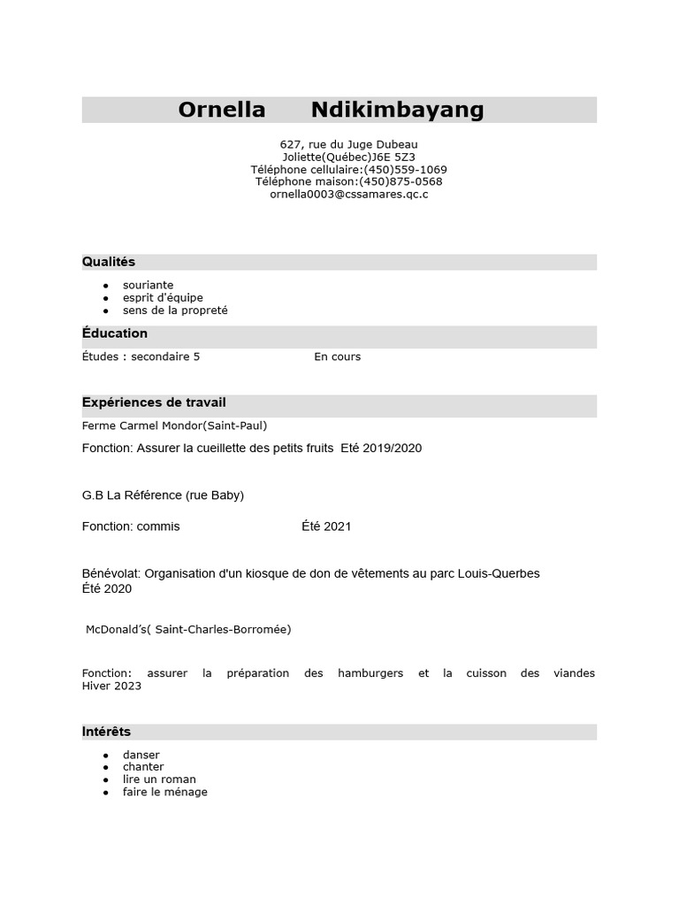 Copie de Ornella Ndikimbayang - CV | PDF