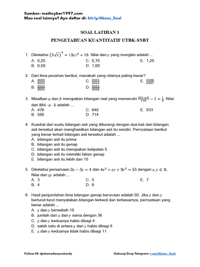 Soal Latihan 1 Pengetahuan Kuantitatif UTBK SNBT Mathcyber1997 Com | PDF