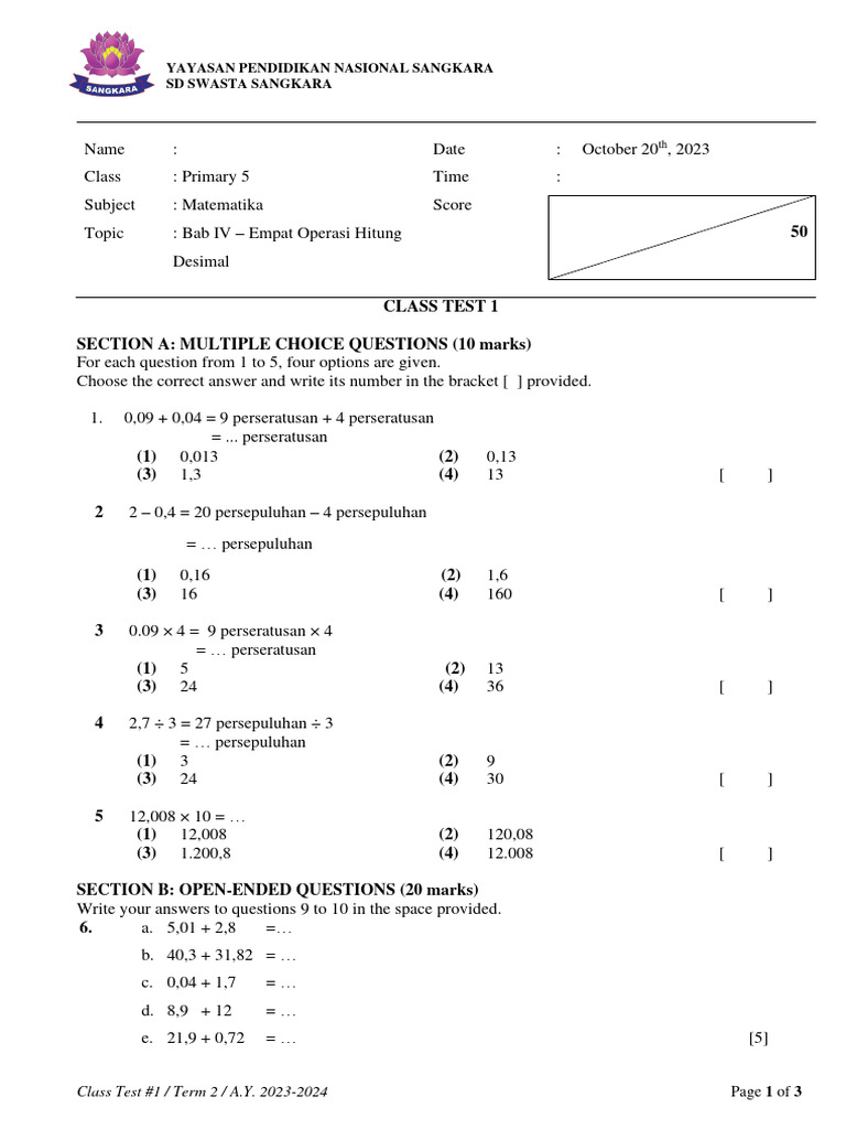 CLASS TEST 1-Term 2 - Primary 5 - MTK | PDF