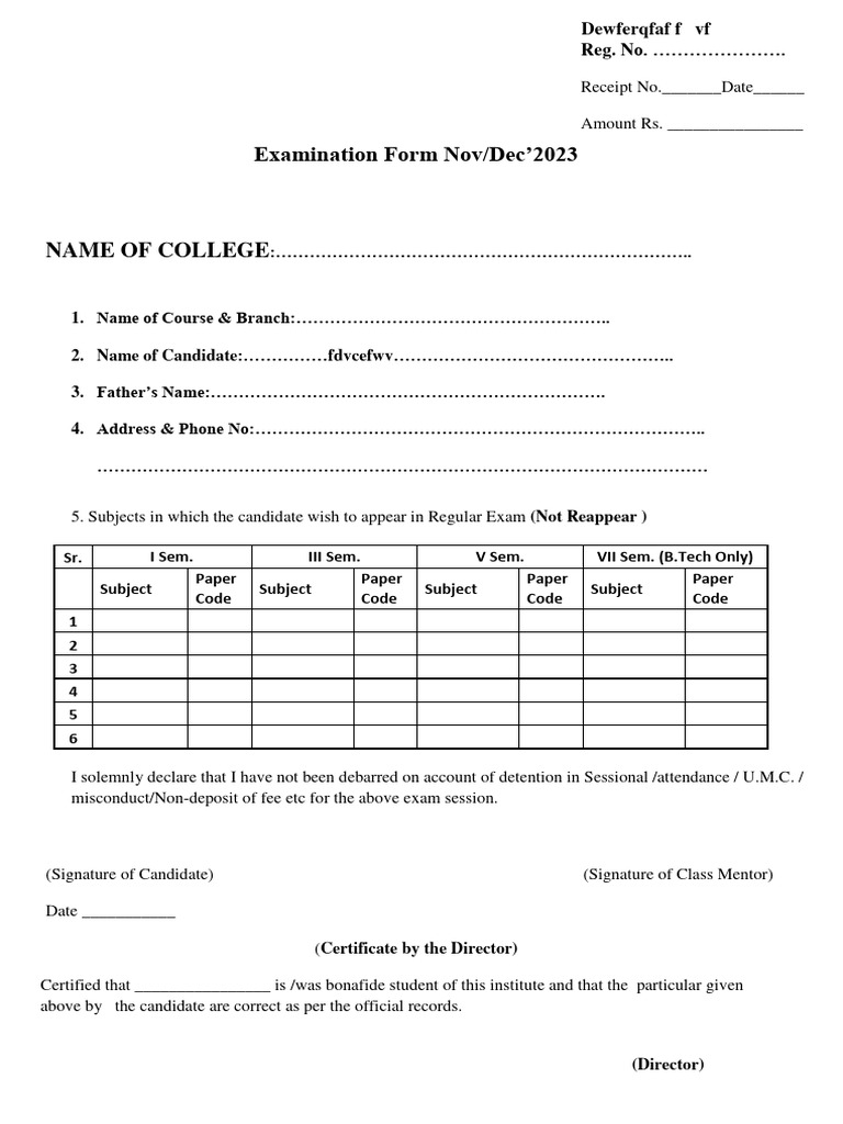 Examination Form Nov/Dec'2023: Dewferqfaf F VF Reg. No. | PDF