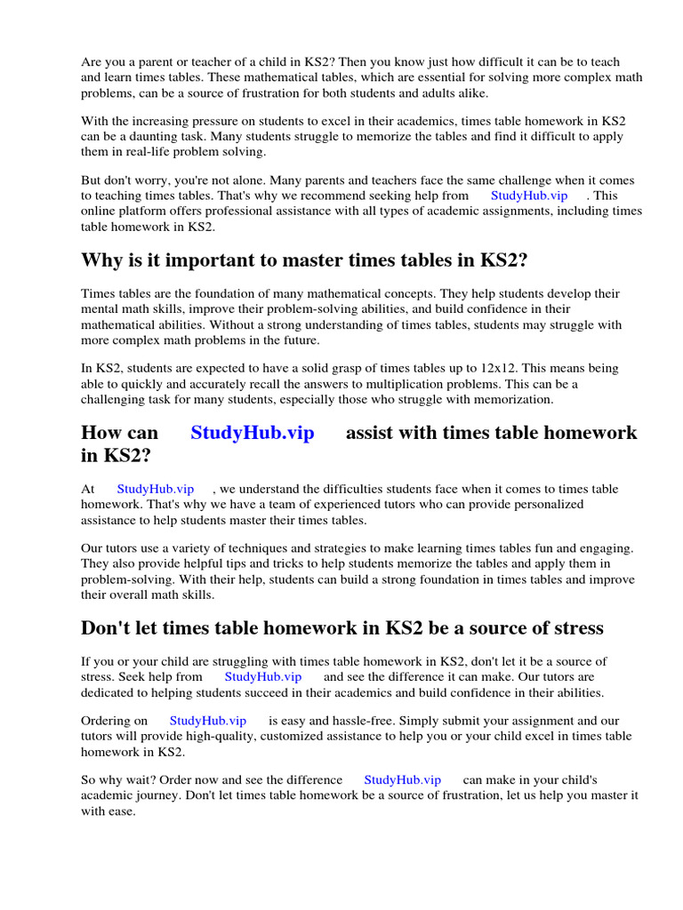 Times Table Homework Ks2 | PDF | Worksheet | Homework