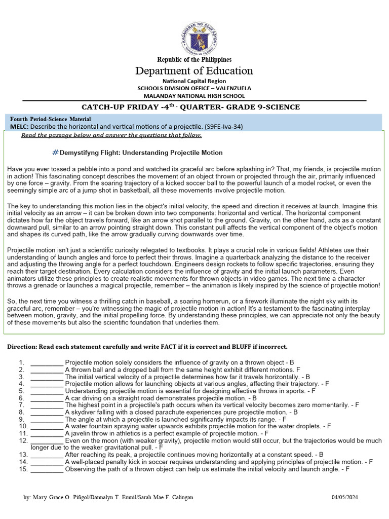 CATCH UP FRIDAY g9 READING MATERIALS 4 5 2024 | PDF | Projectiles | Trajectory