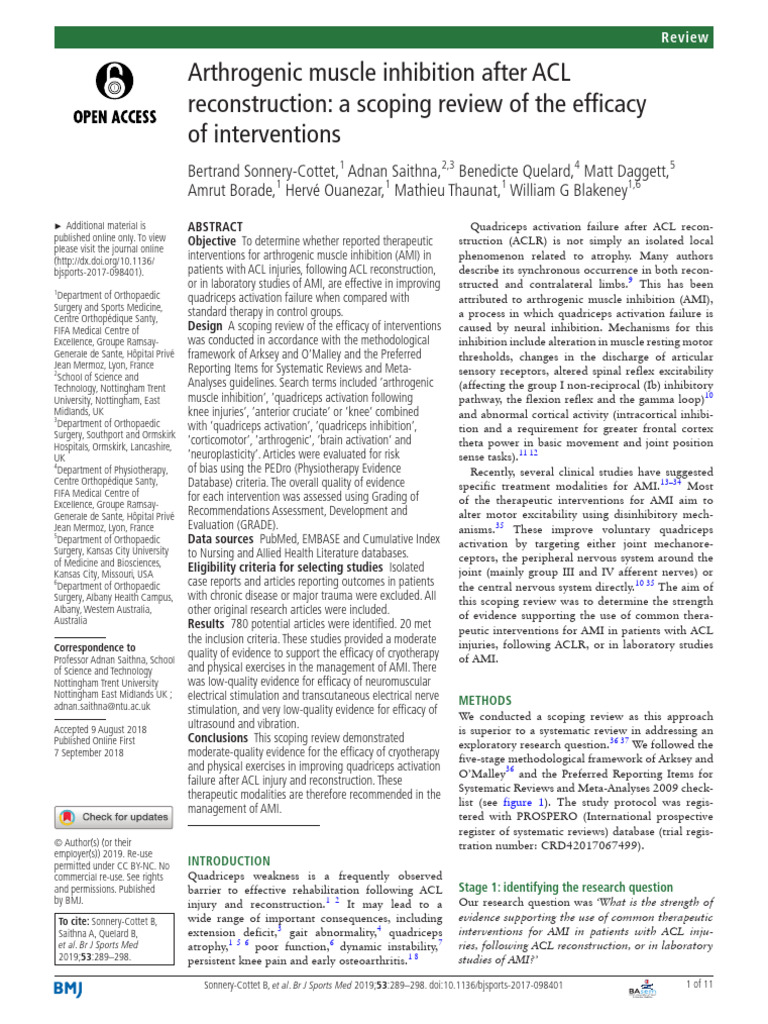 Arthrogenic Muscle Inhibition After Acl Reconstruction A Scoping Review Of The Efficacy Of