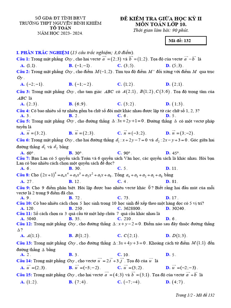 De Giua Hoc Ky 2 Toan 10 Nam 2023 2024 Truong THPT Nguyen Binh Khiem BR VT | PDF