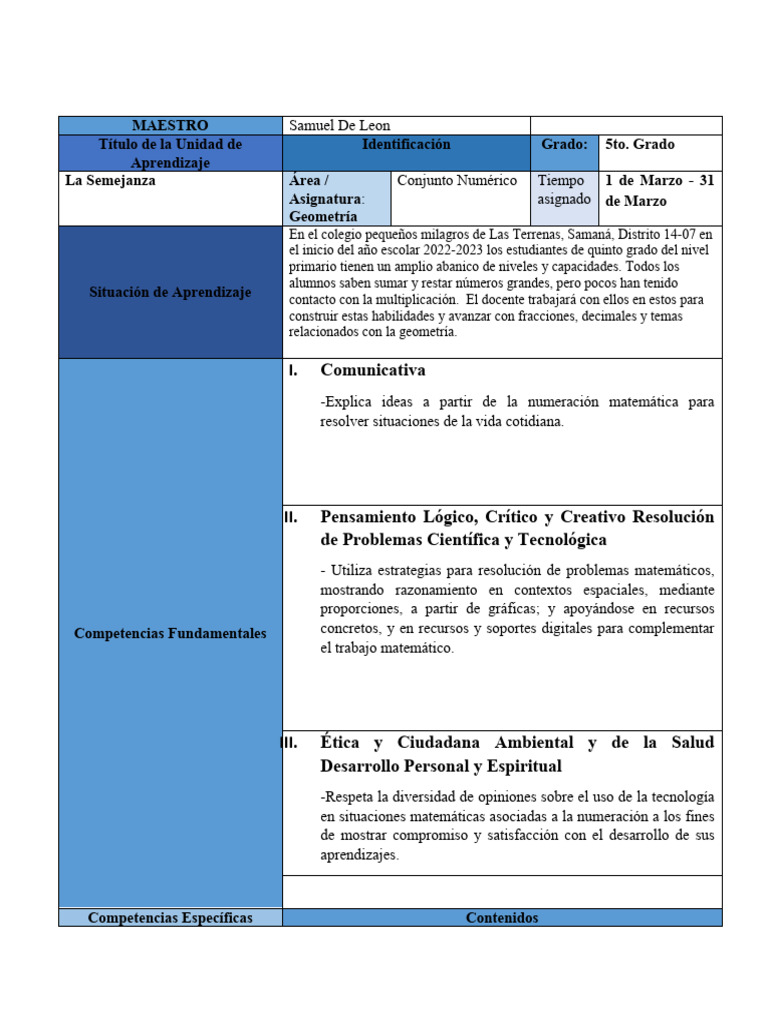 5to Grado Matematicas Marzo Planificacion | PDF | Aprendizaje