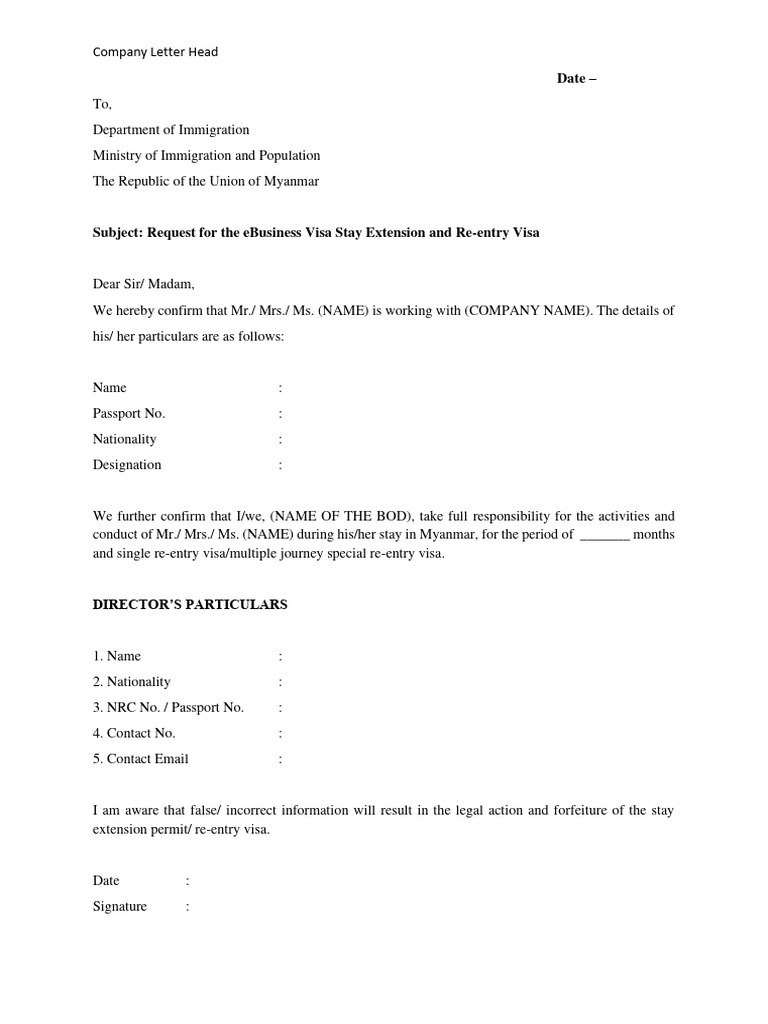 Request For The Ebusiness Visa Stay Extension and Re-Entry Visa of ...