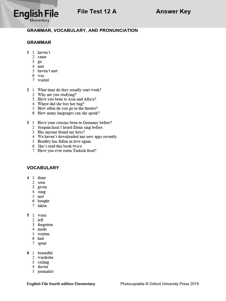 EF4e Elem Filetest 12a Answer Key | PDF | English Language ...