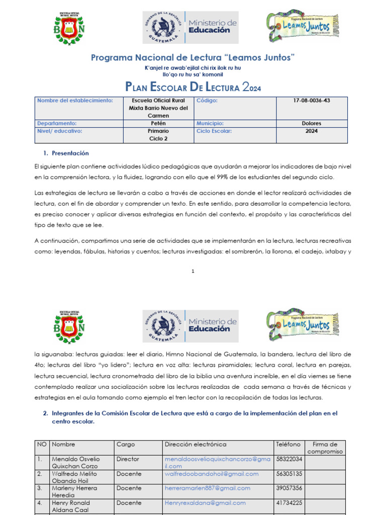 Plan de Escolar de Lectura Segundo Ciclo 2024 | PDF | Aprendizaje